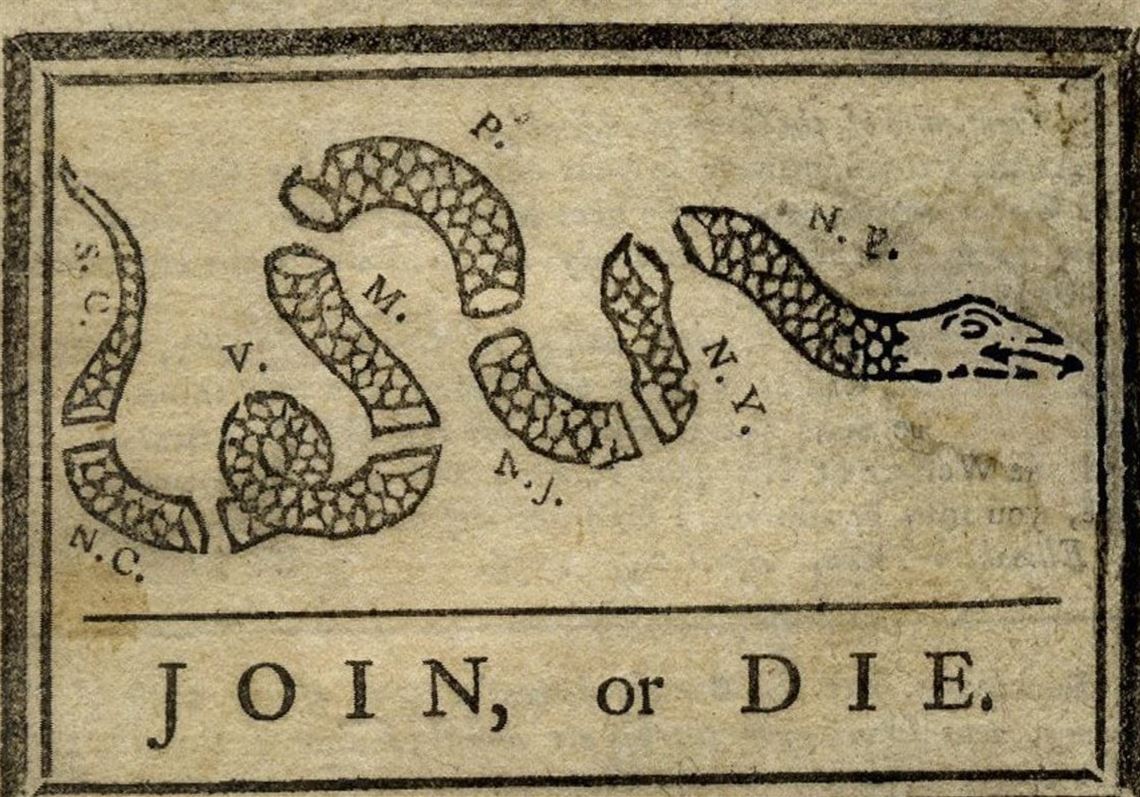 Copy of 1754 Ben Franklin newspaper with 'Join or Die' political ...